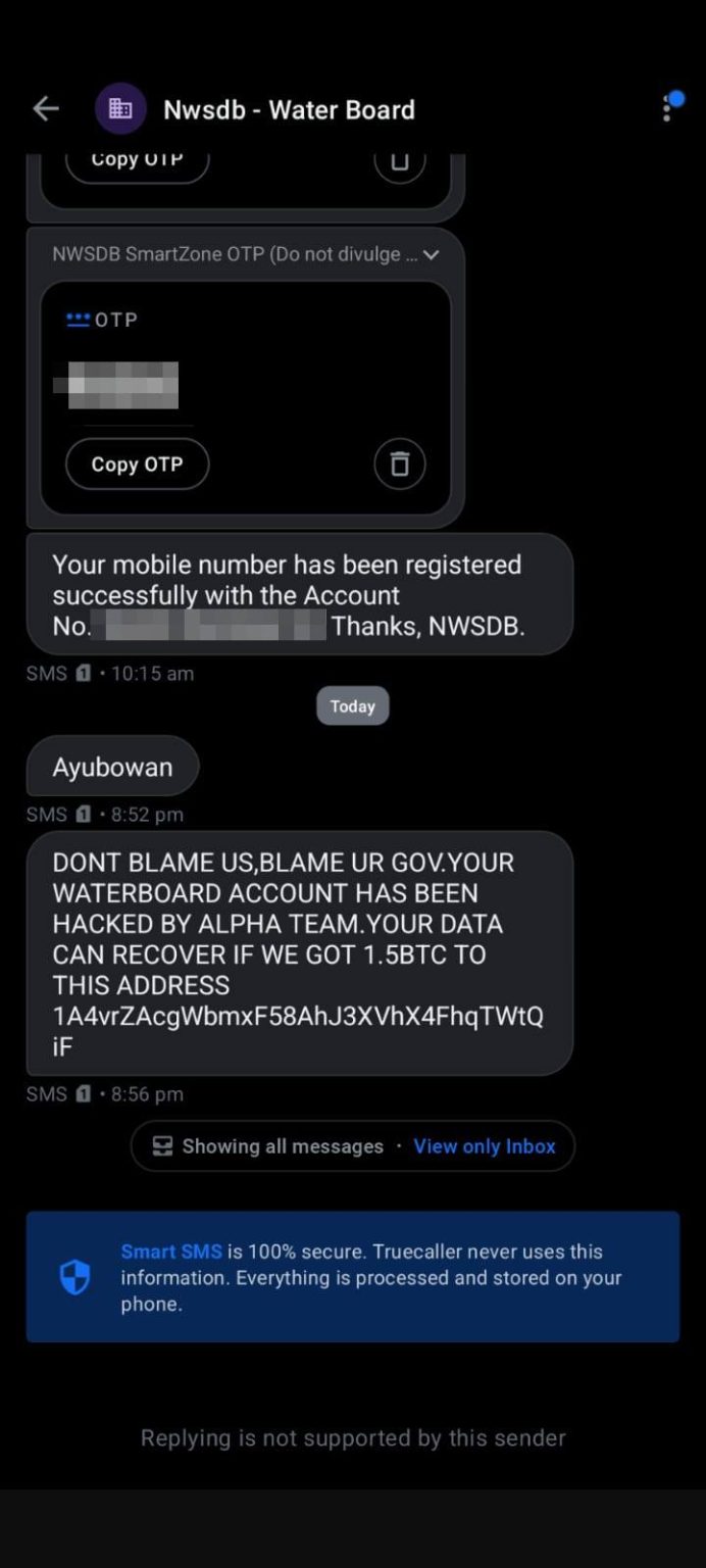 CAUTION: SMS Portal of Water Board (NWSDB) Hacked - Asian Mirror